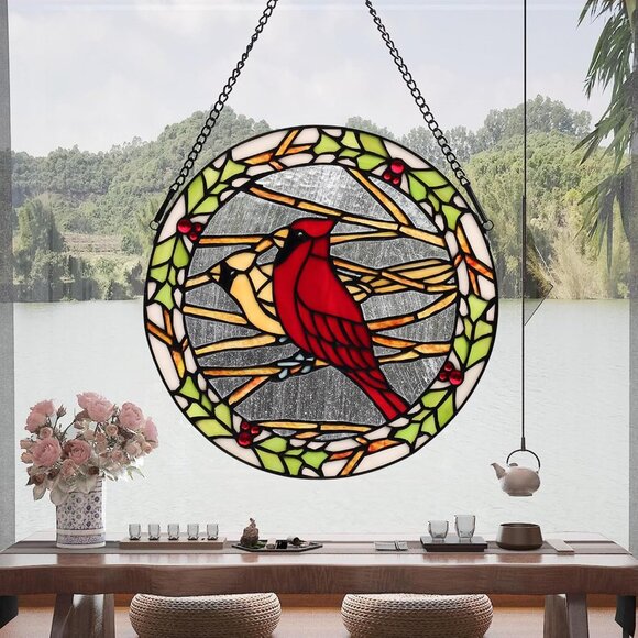 Other | 12 Roud 2 Birds Stained Glass Window Hanging Tiffany Style ...